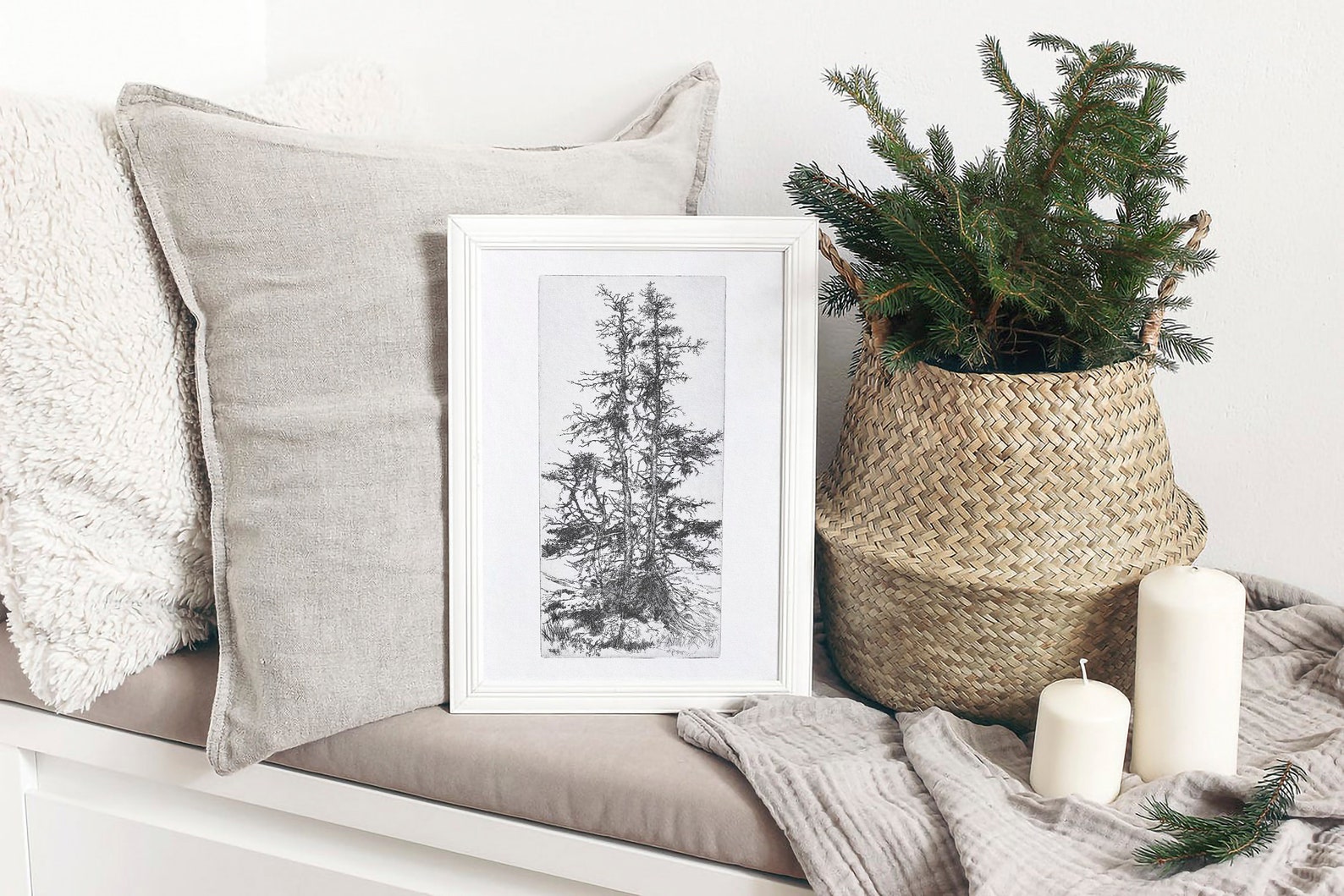 Winter Pine Tree Drawing / Holiday Tree Art Print PRINTABLE / - Etsy