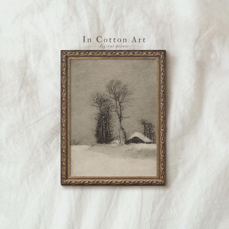 Vintage Winter Landscape Drawing / Moody Christmas Art Print / Rustic ...