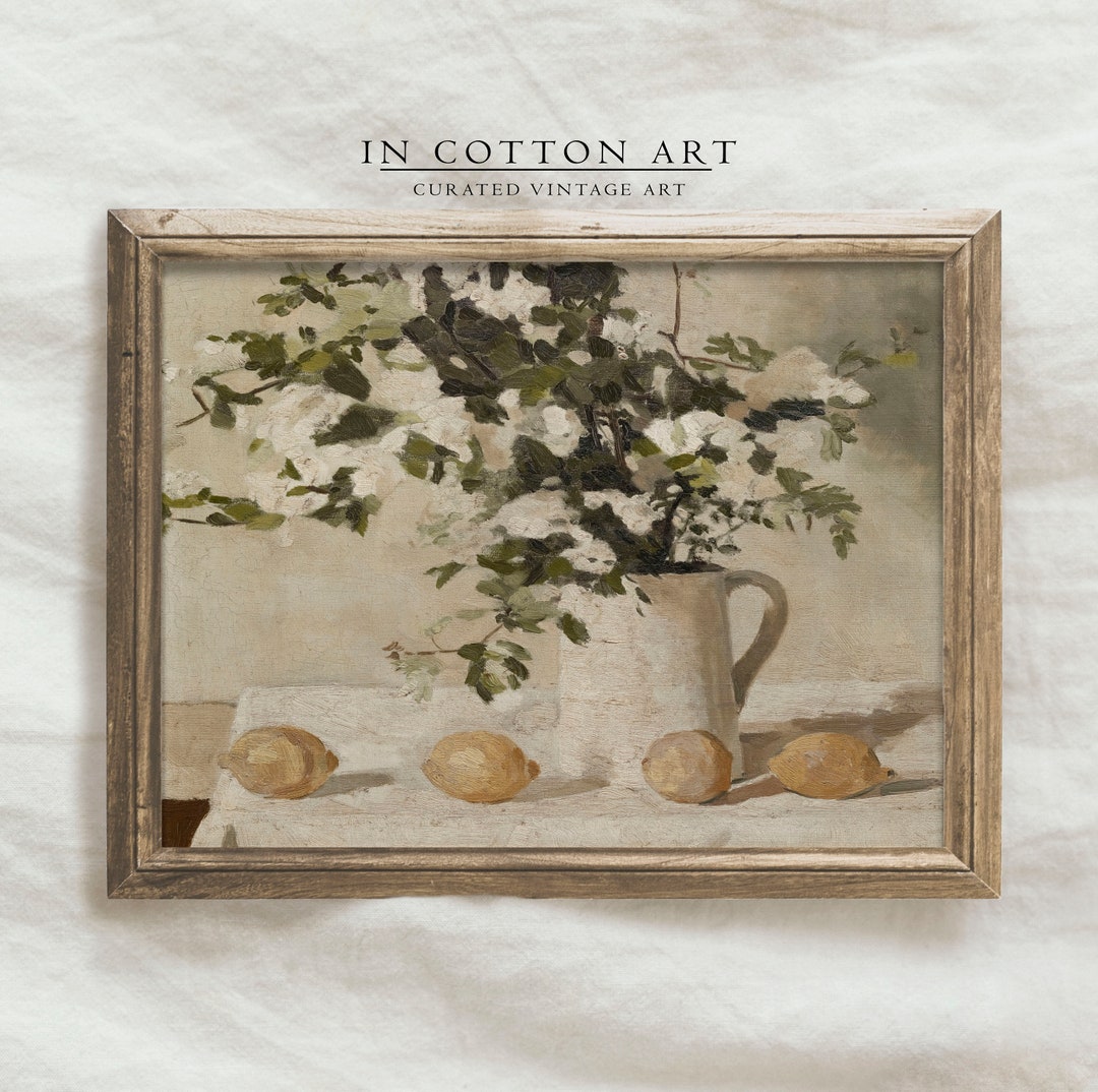 Vintage Neutral Still Life Oil Painting / Farmhouse Kitchen Lemon Art ...
