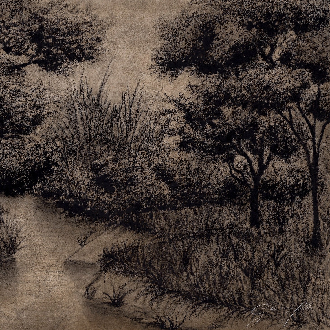 Moody Charcoal Landscape Drawing PRINTABLE / Vintage Dark | Etsy