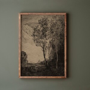 Moody Vintage Landscape Print / Country Farmhouse Sketch / PRINTABLE ...