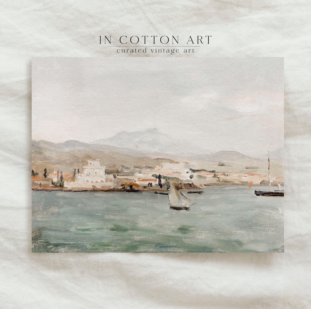 Vintage Muted Coastal Scenery Oil Painting / Mediterranean Landscape ...