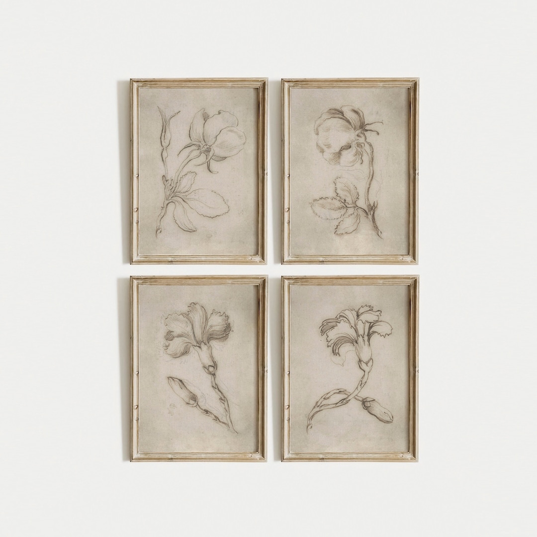 Rustic Botanical Drawing Country Decor / Vintage Flower Drawing SET ...