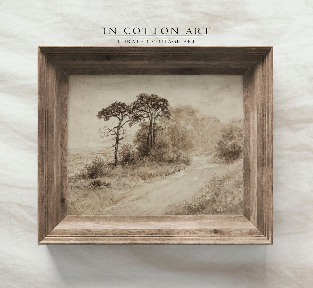 PRINTABLE Moody Country Landscape Painting / Neutral Rustic Tree Sketch ...