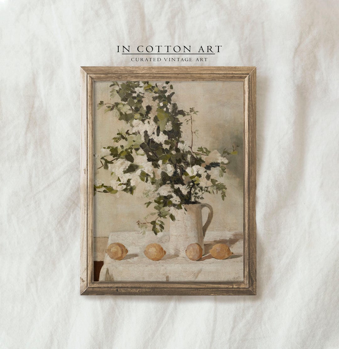 Neutral Still Life Oil Painting / White Flower Vase Art Print / Vintage ...