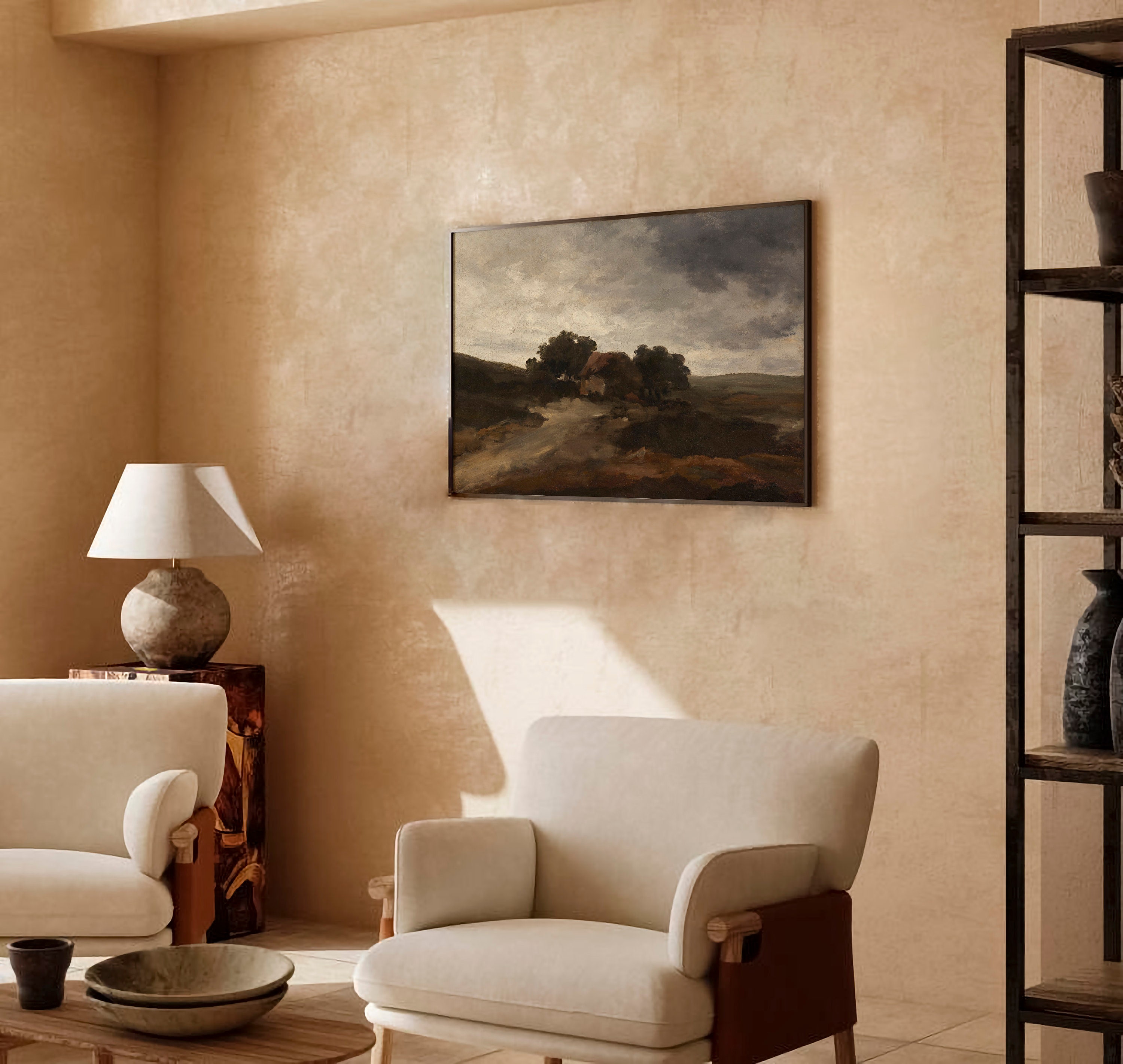 Moody Landscape Oil Painting / Rustic Farmhouse Art Print / | Etsy