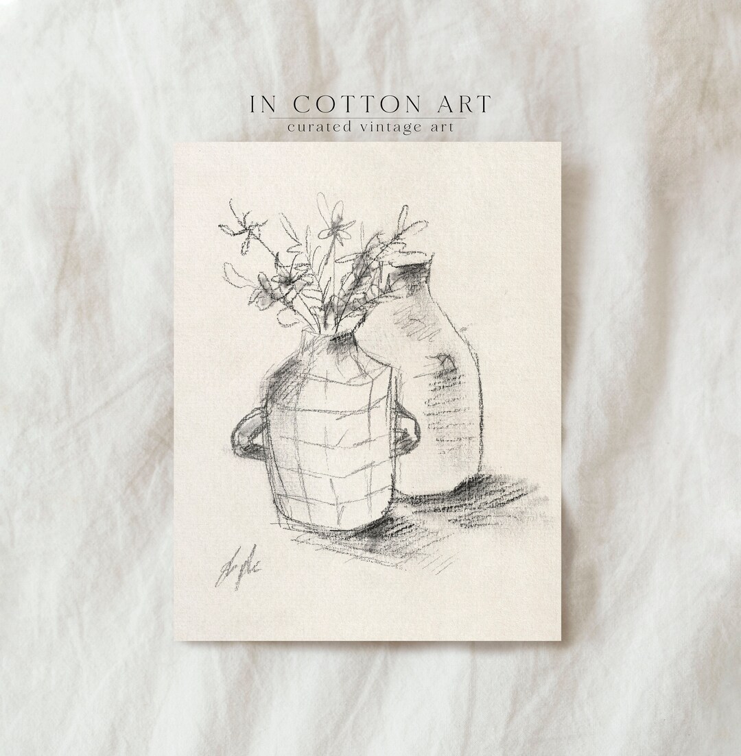 Country Kitchen Vase Drawing Art Print / Vintage Neutral Sketch ...