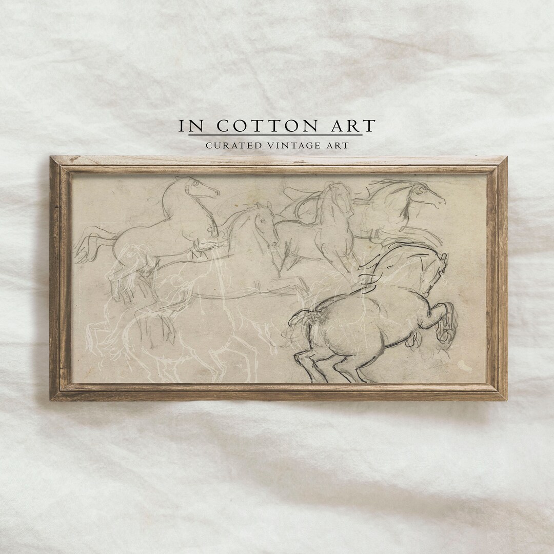 Panoramic Horse Sketch Art / Narrow Drawing PRINTABLE / Rustic Neutral ...