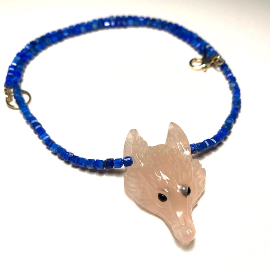 Rose Quartz Wolf Pendant With AAA Lapis Beads, Gemstone Necklace, Rose ...