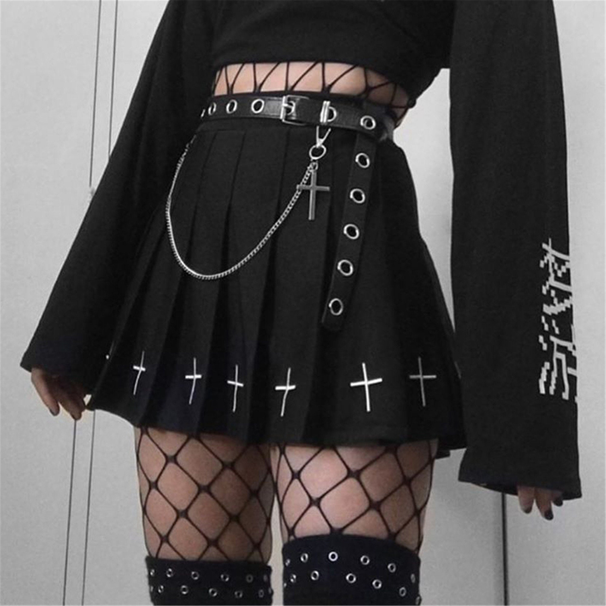 Alta Cintura Mini Faldas Negras Gótico Streetwear Cross Etsy