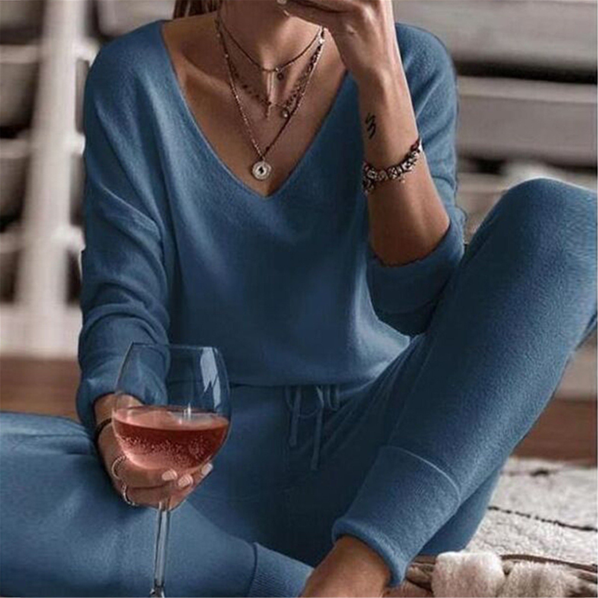 Fashion Casual Pajamas Sets Women Sexy V Neck Soft Knit Etsy