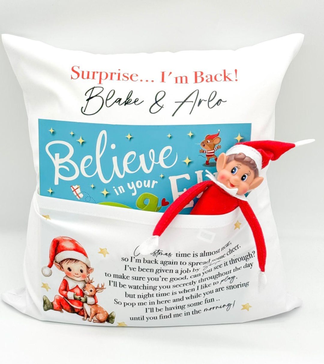Personalised Christmas Elf Cushion,elf Arrival/return,i'm Back,elf ...