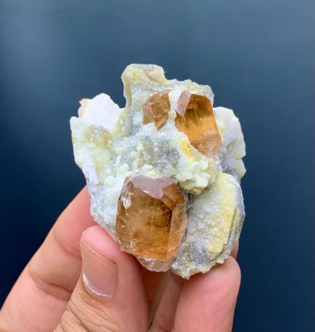 Golden Colour Transparent Topaz Crystals Cluster on Matrix With Feldspar Specimen From Skardu ...