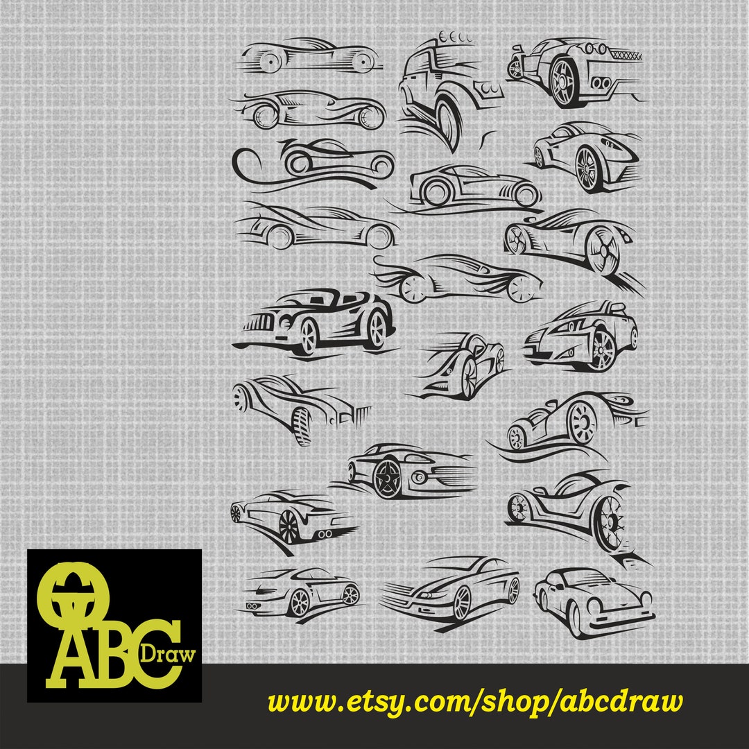 21 Part Car Draw Design Laser Cut Svg Dxf Files Wall Sticker Engraving ...