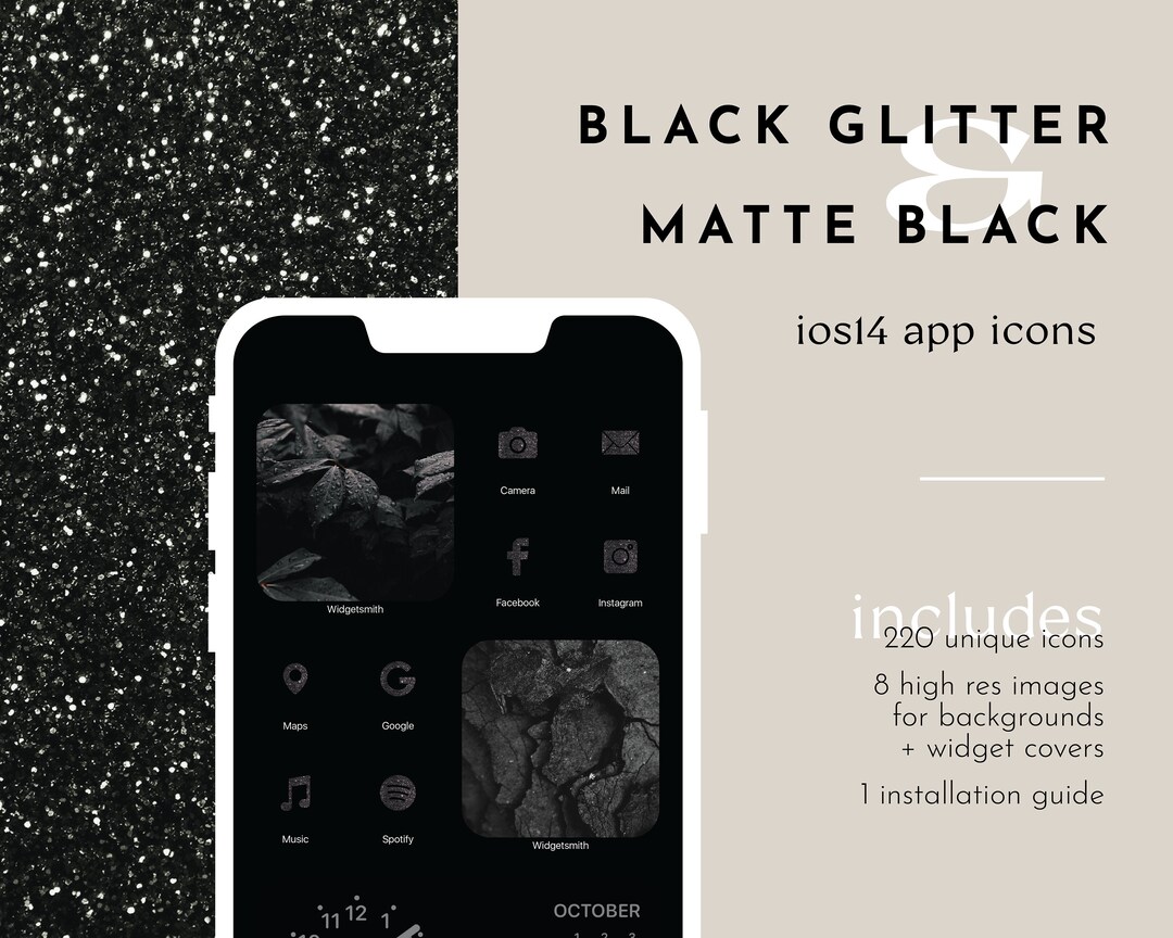 Black Ios Icon Set Glitter and Luxe Minimalist Executive App Shortcuts ...