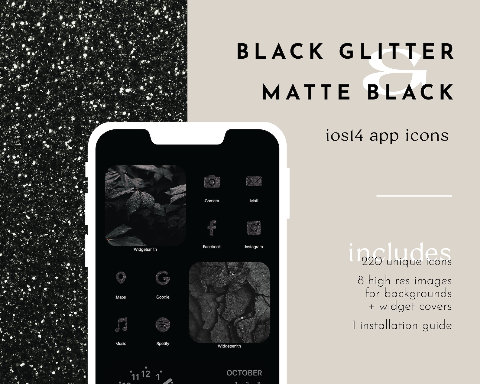 Black Ios Icon Set Glitter and Luxe Minimalist Executive App Shortcuts ...