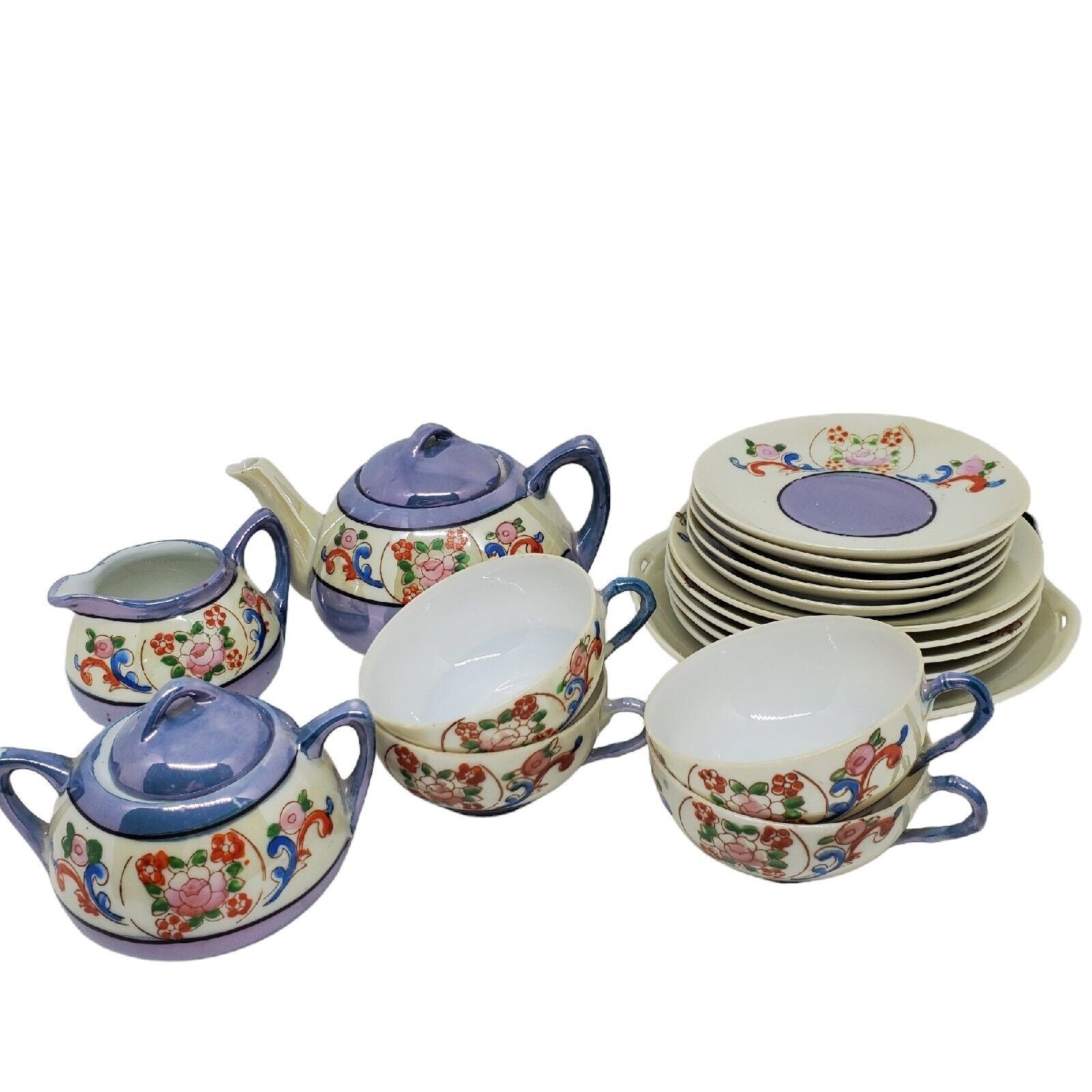 1950s Japanese Lusterware Tea 20 Pc Set Periwinkle Cherry Blossom Hand ...