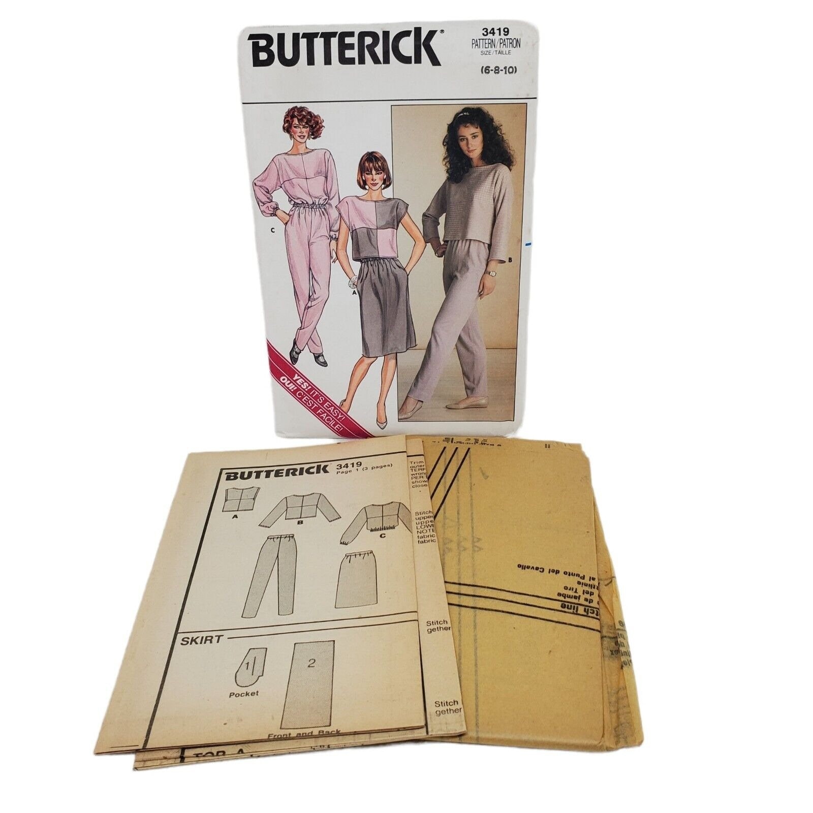 Butterick 3419 Sewing Pattern Misses Shirt Pants Skirt Size 6-8-10 ...