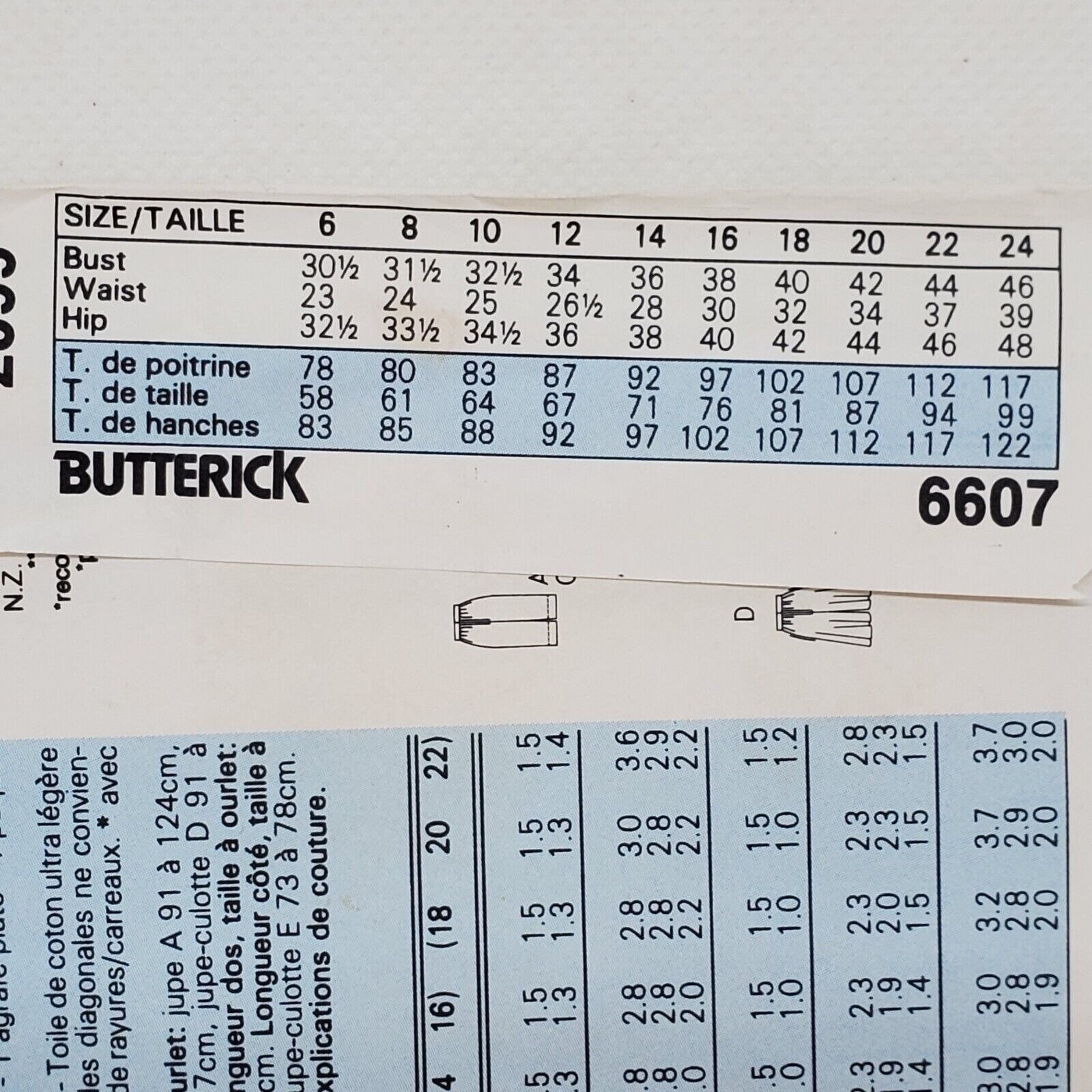 Butterick 6607 Sewing Pattern Skirt Split Culottes Misses Sz 6-8-10 80s ...