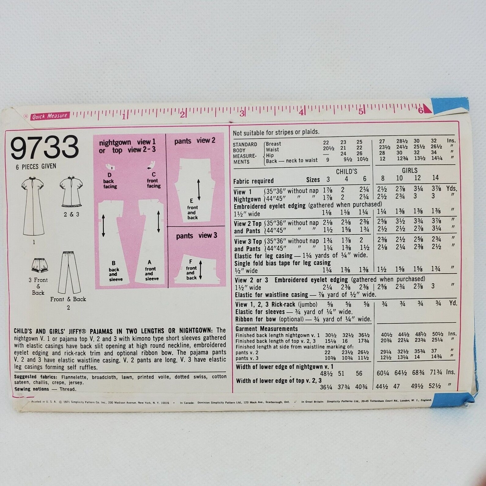 Simplicity 9733 Vtg Sewing Pattern Girl Child Sz 6 Nightgown Pajamas ...