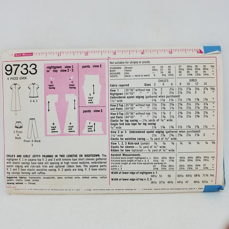 Simplicity 9733 Vtg Sewing Pattern Girl Child Sz 6 Nightgown Pajamas ...