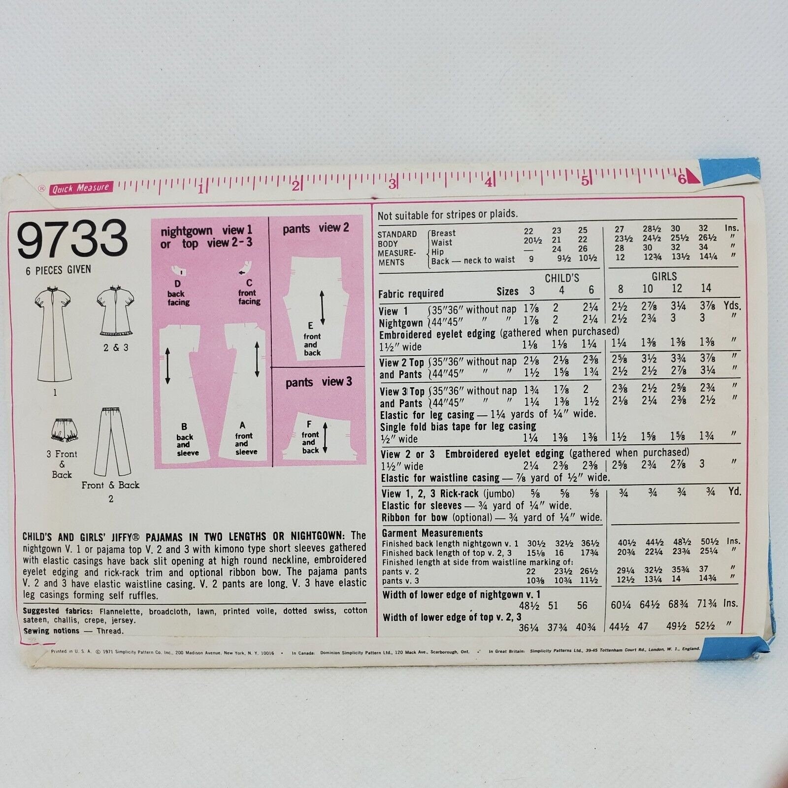 Simplicity 9733 Vtg Sewing Pattern Girl Child Sz 6 Nightgown Pajamas ...