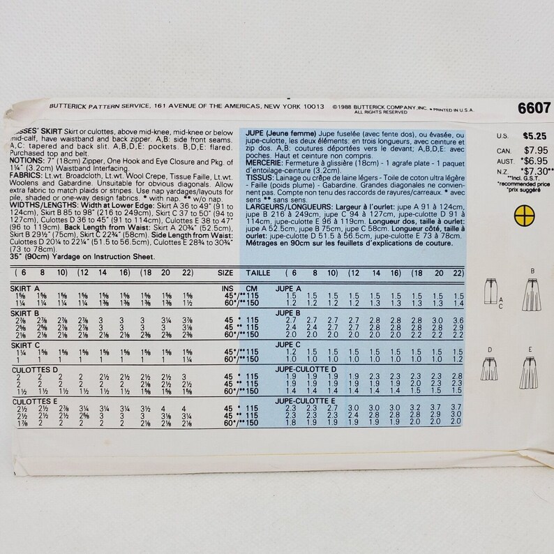 Butterick 6607 Sewing Pattern Skirt Split Culottes Misses Sz 6-8-10 80s ...