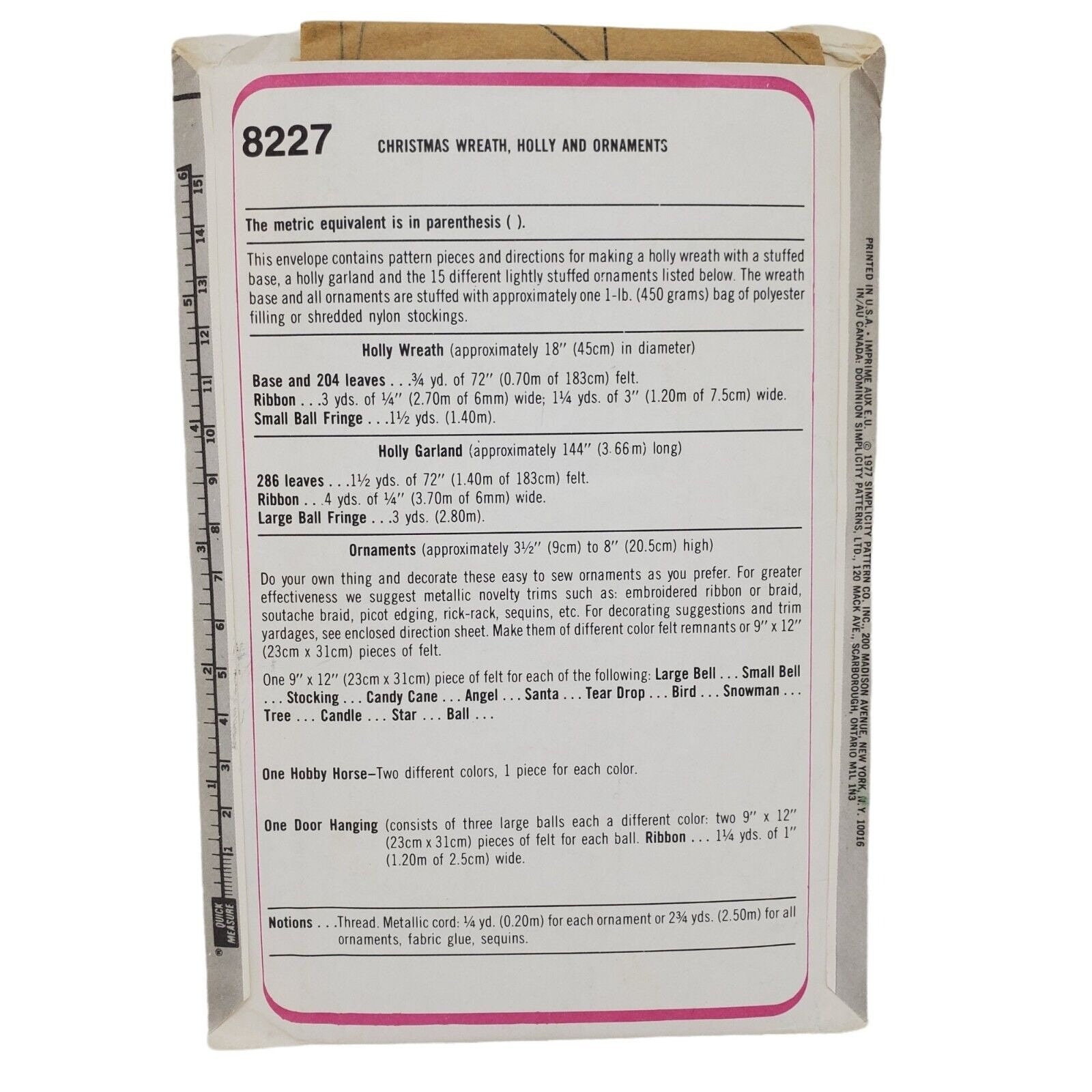 Simplicity 8227 Sewing Pattern Holly Wreath Garland Christmas Ornament ...