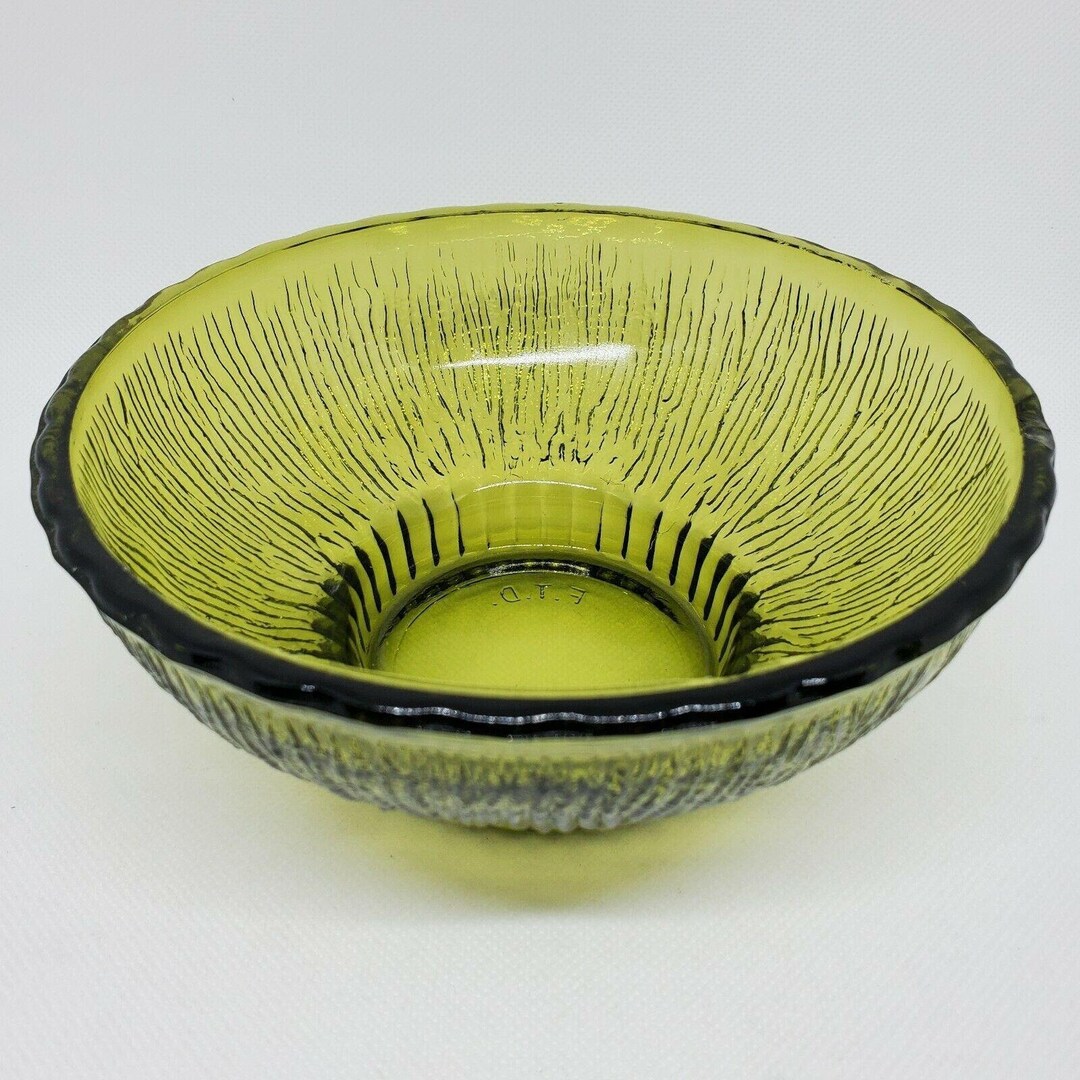 Vintage FTD Green Bark Textured Glass Bowl Planter 1975 Pressed Glass ...