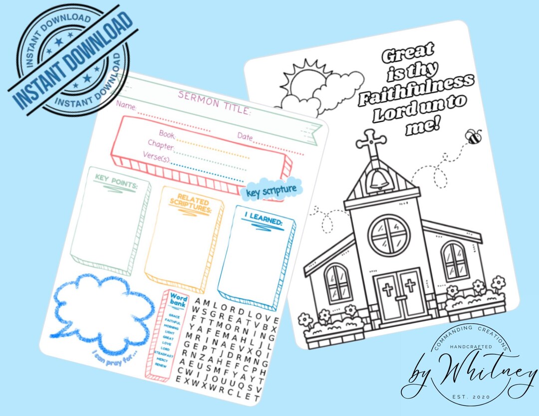 Kids’ Sermon Notes Printable | Double-sided Digital PDF W/ Coloring ...