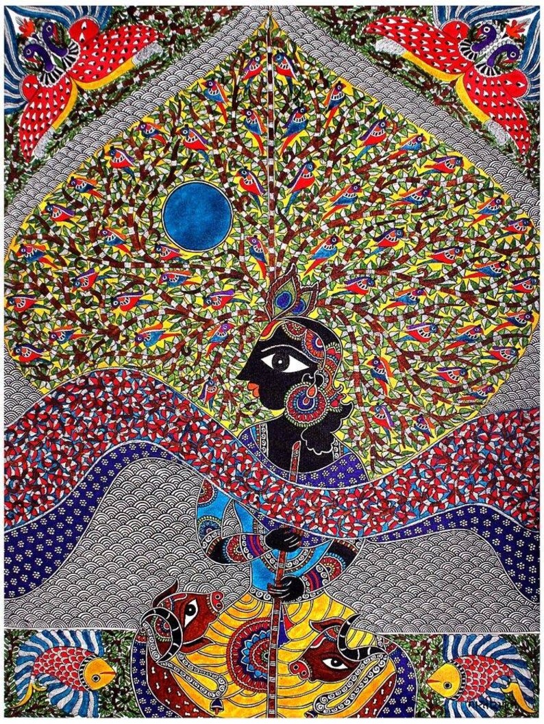 Krishna With Flute Mithila Art - Etsy