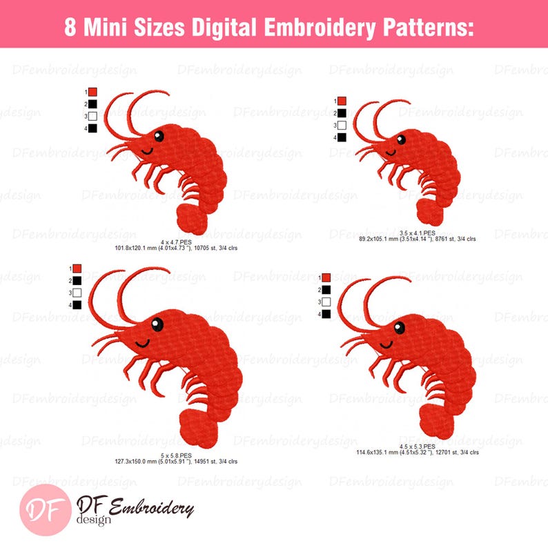 Mini Baby Shrimp Embroidery Design: Sea Animal Machine Embroidery File ...