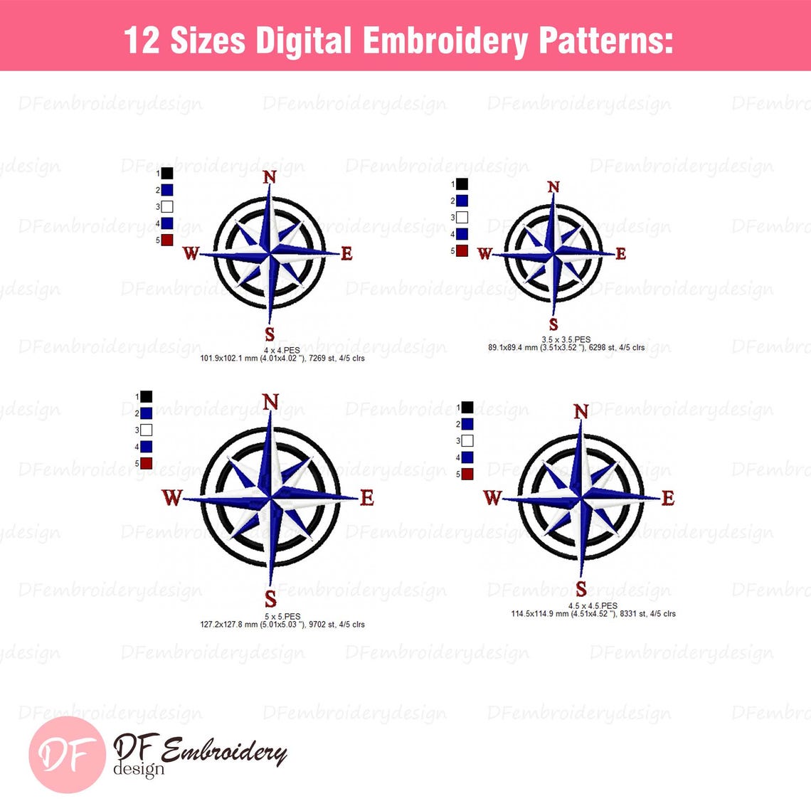 Compass Embroidery Design, Nautical Machine Stitch File (digital ...