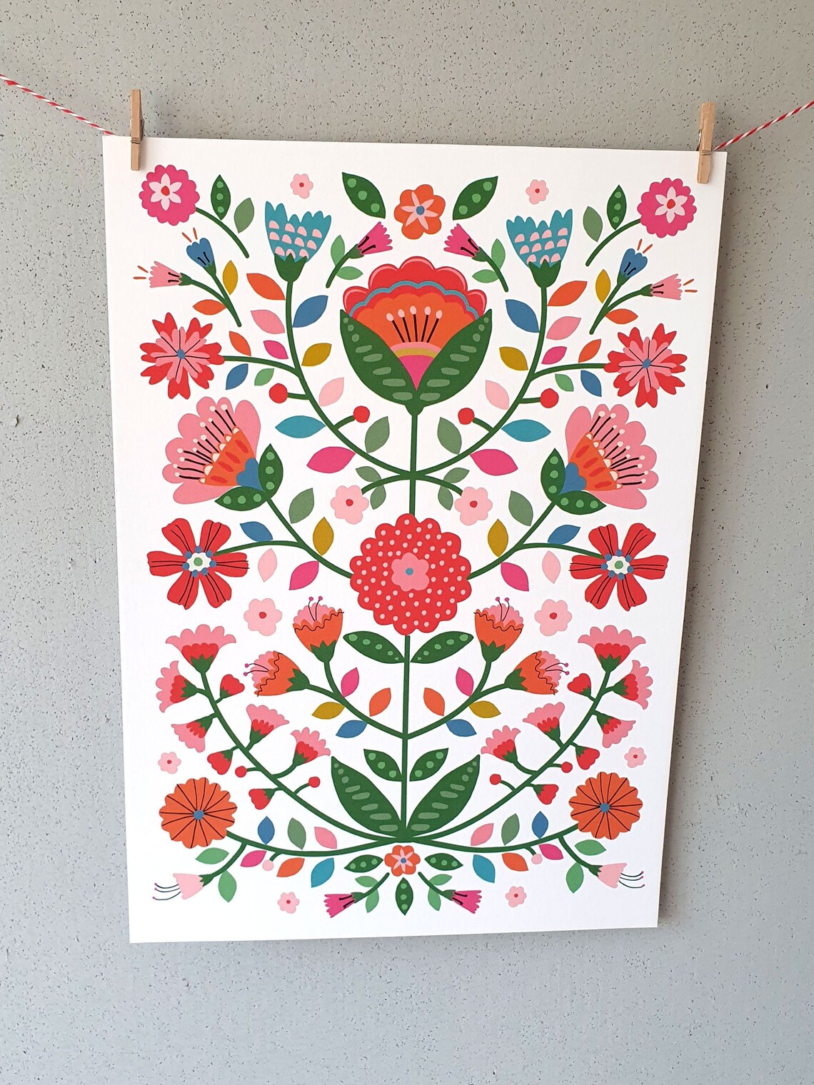 Colourful Folk Floral Style Illustration A4 Giclee Print | Etsy