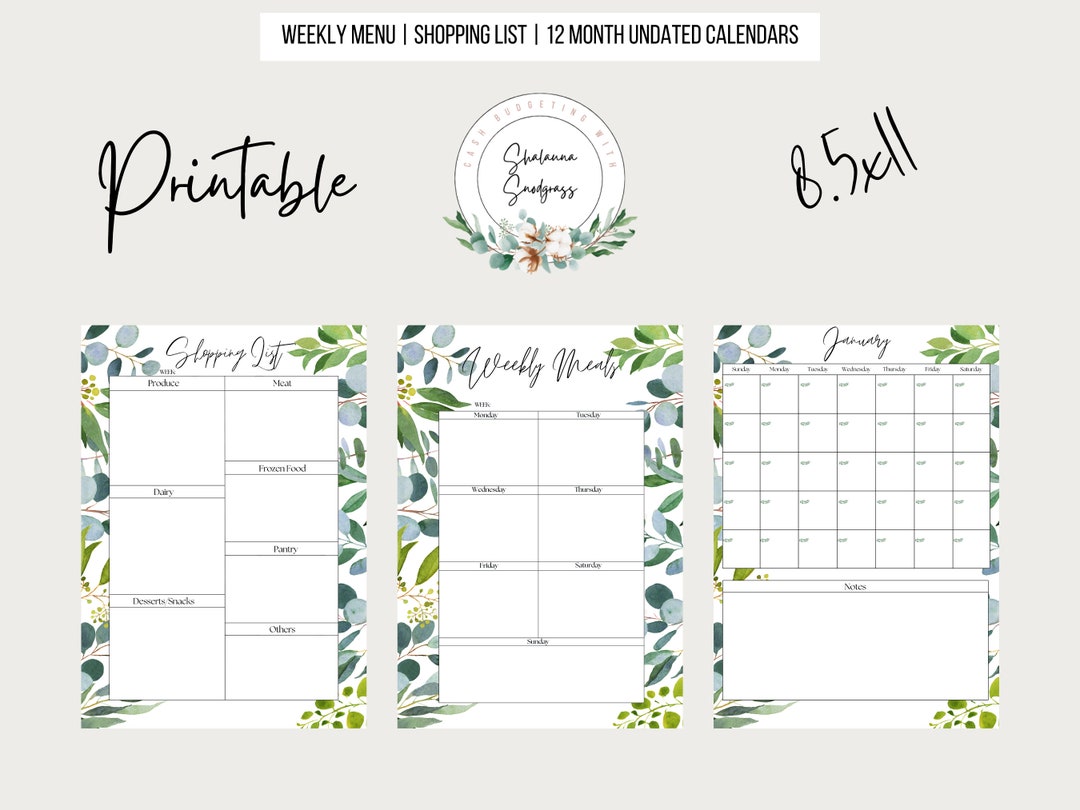 Digital Download Printable Weekly Menu, Shopping List and 12 Month ...