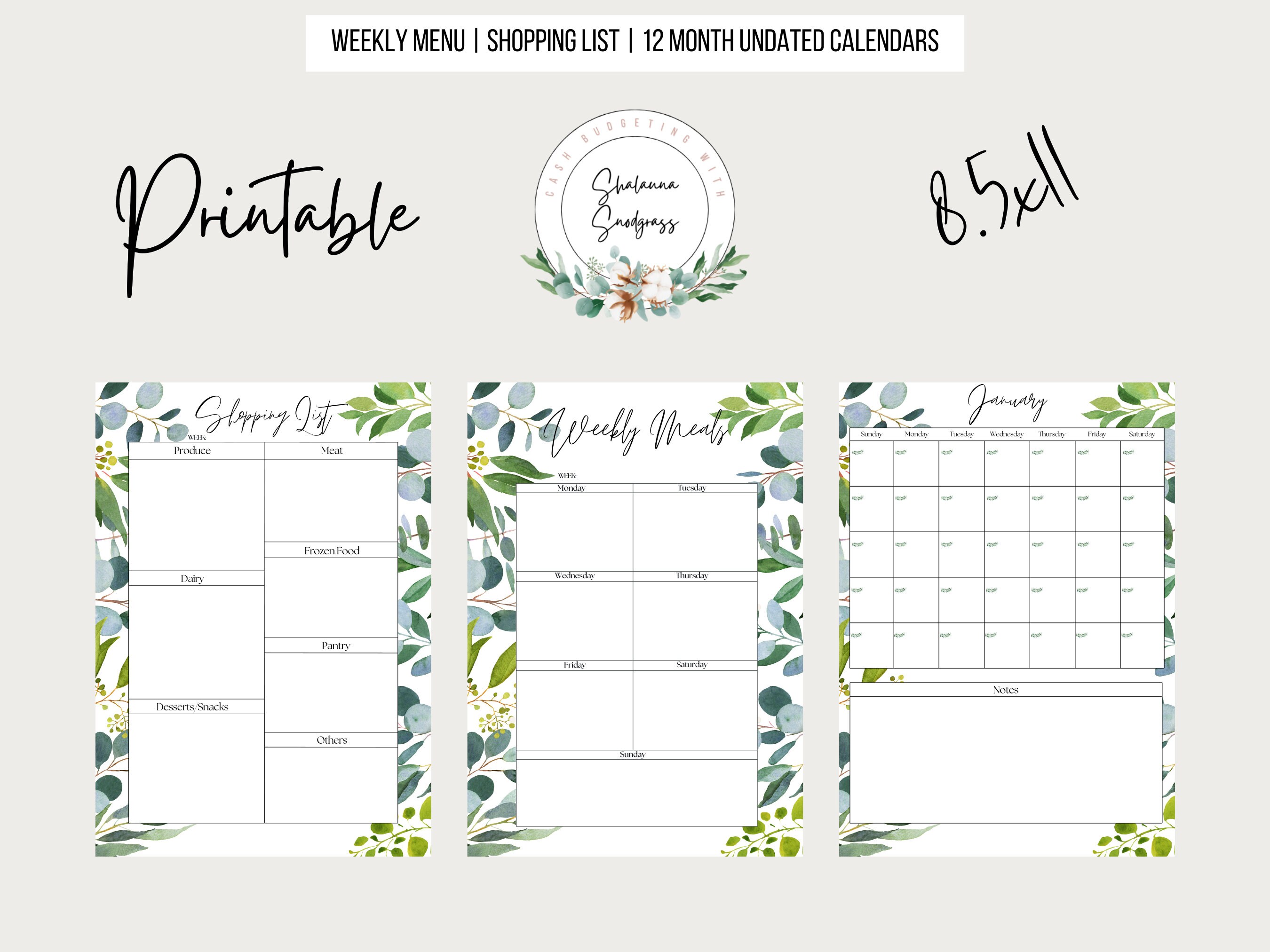 Digital Download Printable Weekly Menu, Shopping List and 12 Month ...