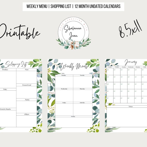 Digital Download Printable Weekly Menu, Shopping List and 12 Month ...