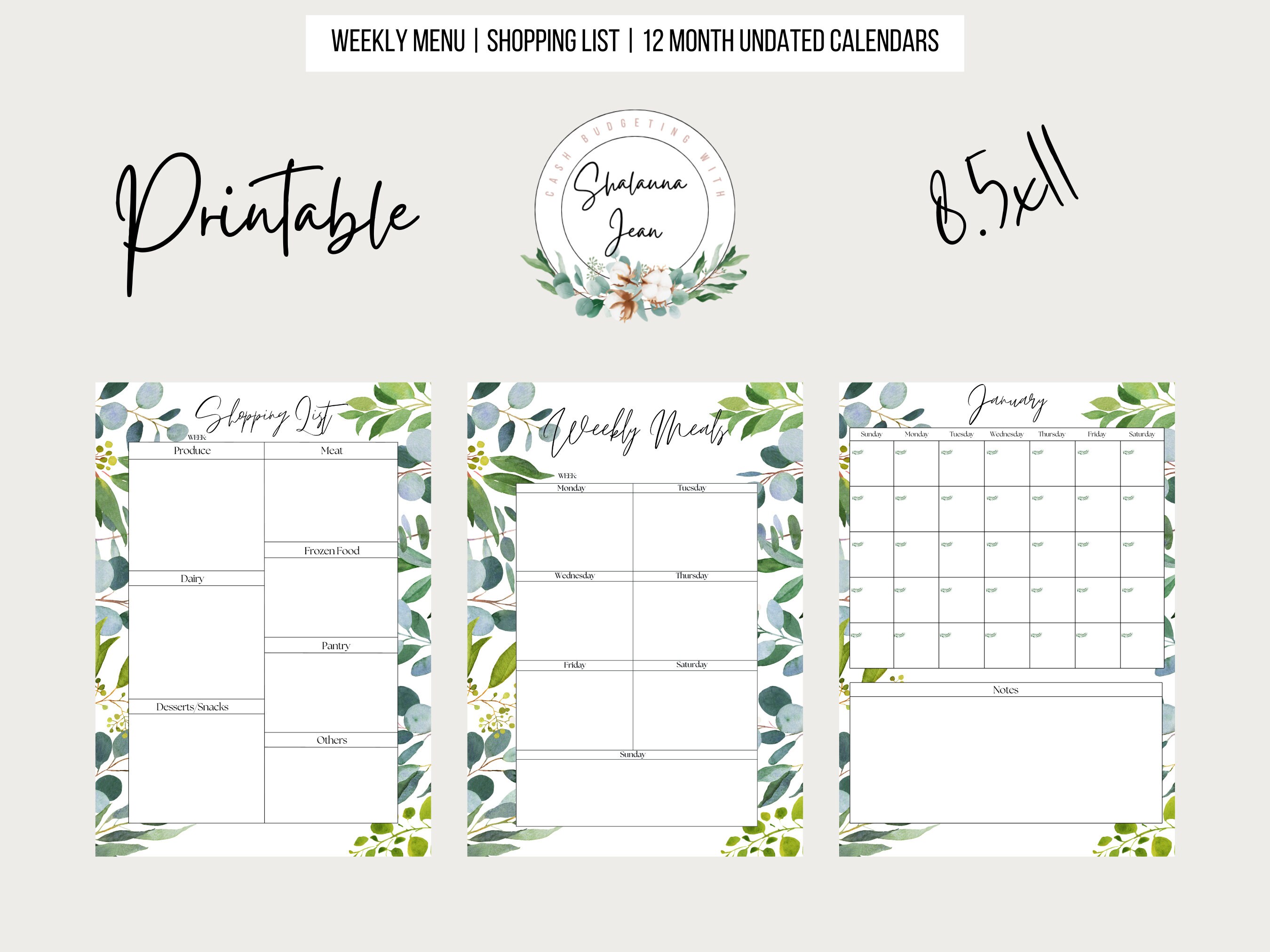Digital Download Printable Weekly Menu, Shopping List and 12 Month ...