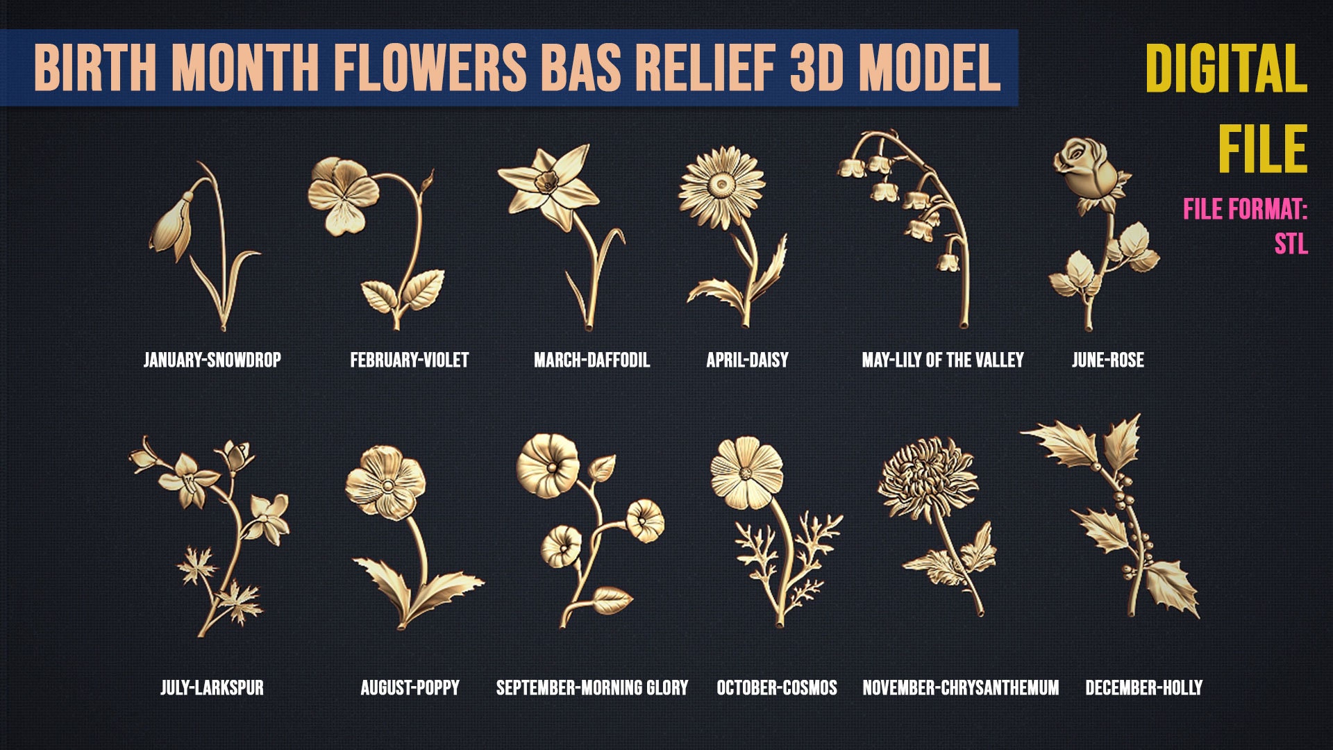 Birth Month Flowers Bas Relief 3D Model STL File (digital Download ...