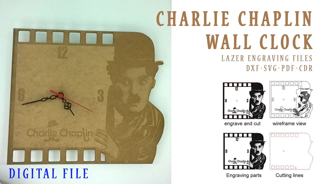 Charlie Chaplin Wall Clock Digital File for Laser Engraving Dxf, Cdr ...