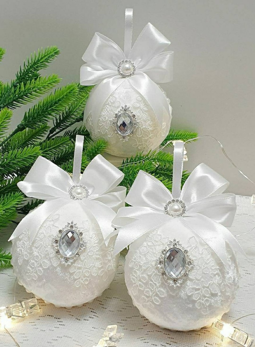 White Christmas Ornament, Handmade Tree Decor, Velvet Christmas Baubles ...
