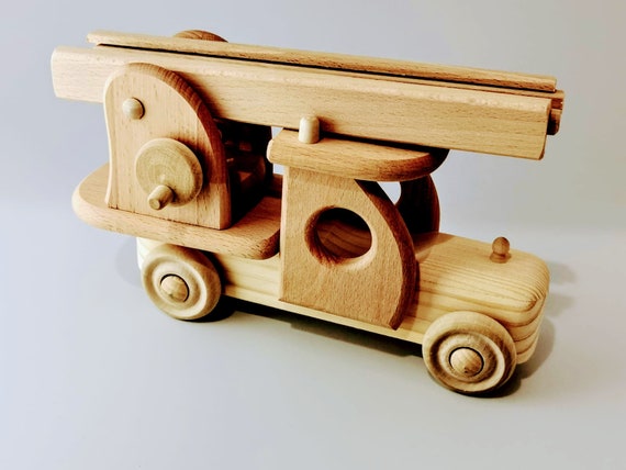 Smooth Wood Two Tone Hand Made Fire Truck Push and Play Toy With ...