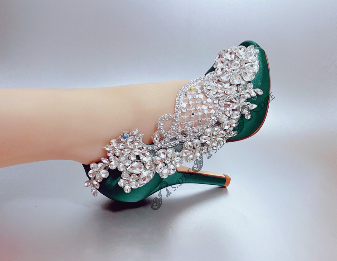 Emerald Green Wedding Shoe for Bride, Bridal Heel, Unique Ivory White ...