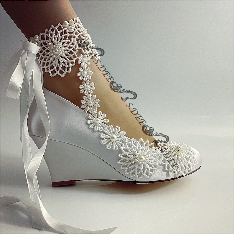 Wedding Shoes for Bride, Ivory Bridal Wedges, Decorated Flower Applique ...