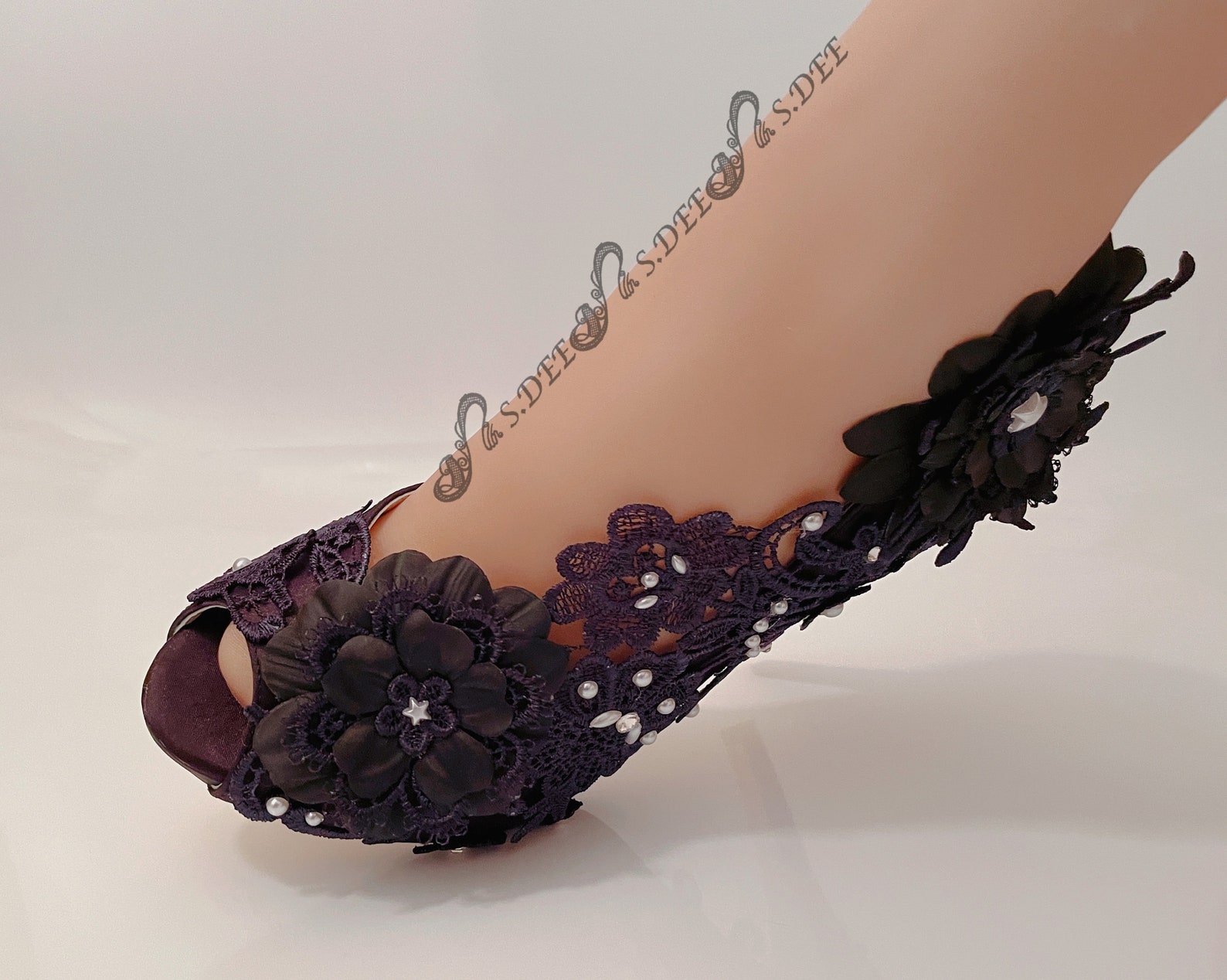 Black Gothic Wedding Shoe for Bride, Black Satin Floral Peep Toe Open ...