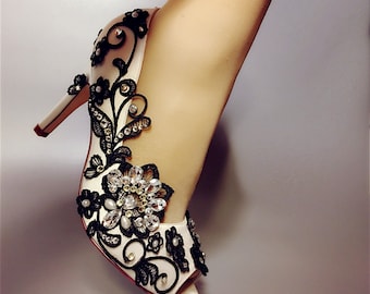 Black Gothic Wedding Shoe for Bride, Black Satin Floral Peep Toe Open ...