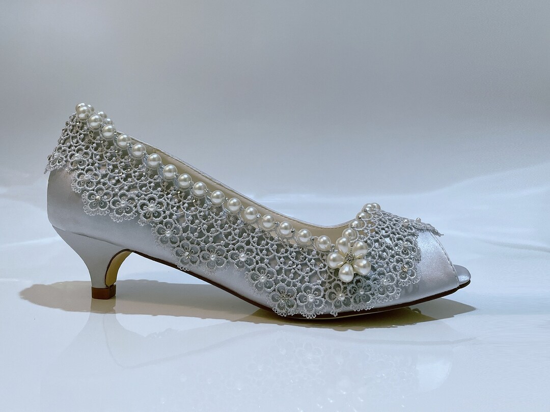 Silver Wedding Shoes for Bride, Bridal Low Heel, Small Kitten Heels ...