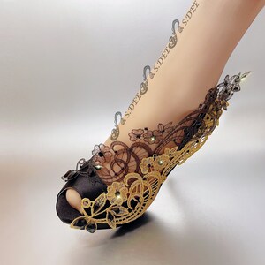 Black Gothic Wedding Shoes Heels Wedge Shadow Gold Embellished Lace ...