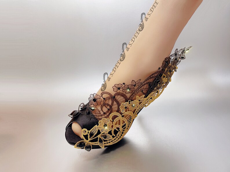 Black Gothic Wedding Shoes Heels Wedge Shadow Gold Embellished Lace ...