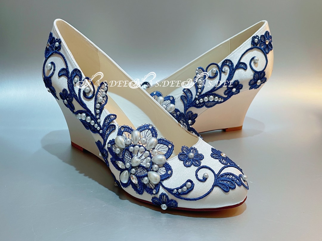 Prussian Royal Blue Wedding Shoes Brides.dee "lotus" Satin Round Closed ...